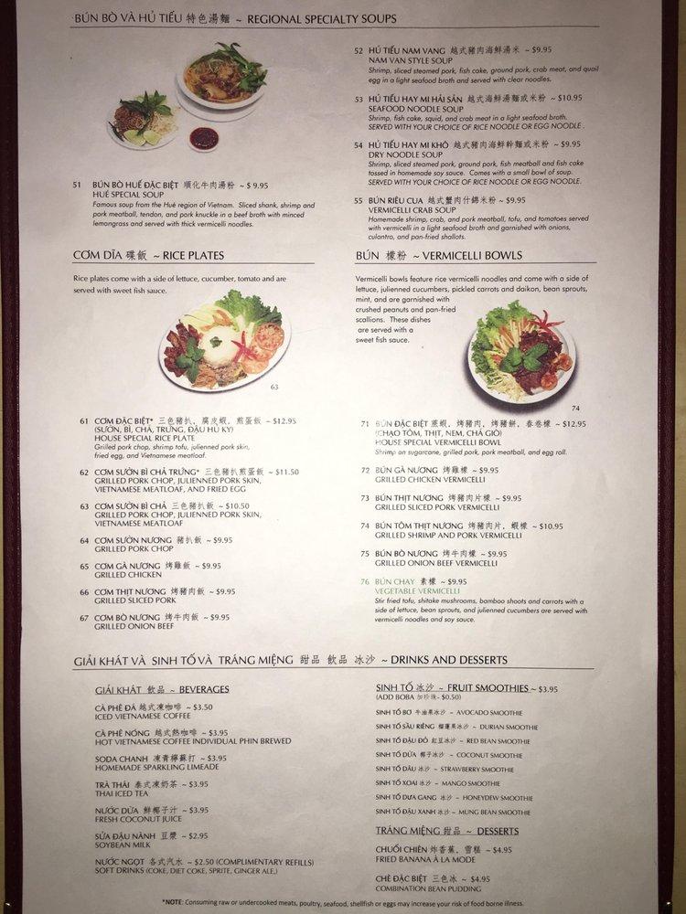 Menu at Pho Linh restaurant, Quincy