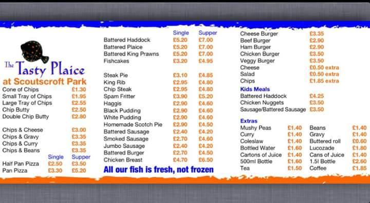 Menu at The Tasty Plaice fish and chip shop restaurant, Coldingham