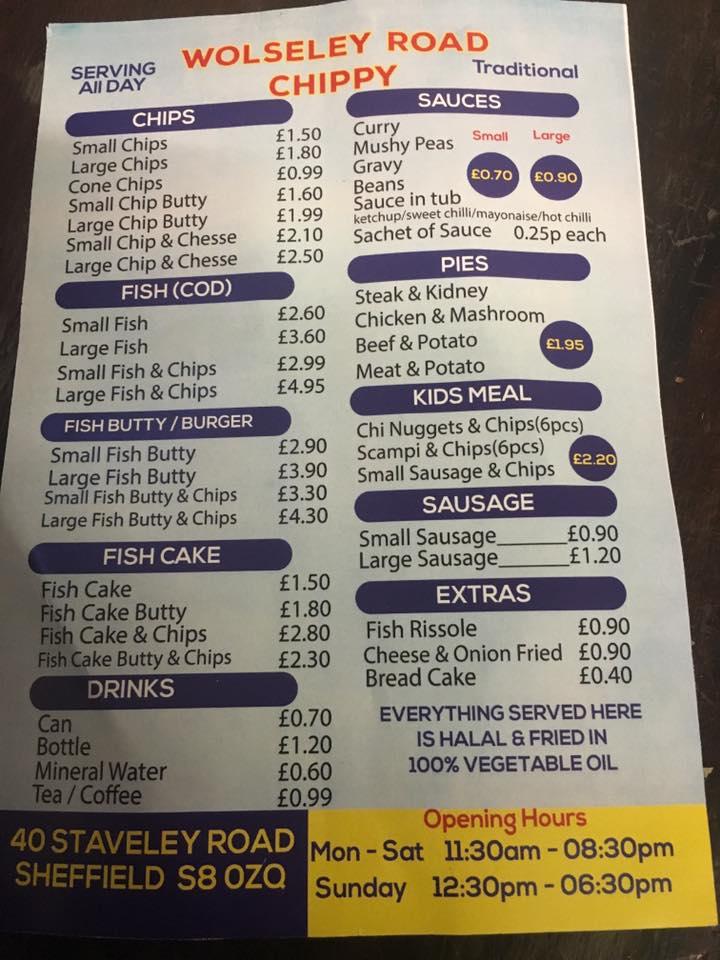 Menu at Wolseley Road Chippy restaurant, Sheffield