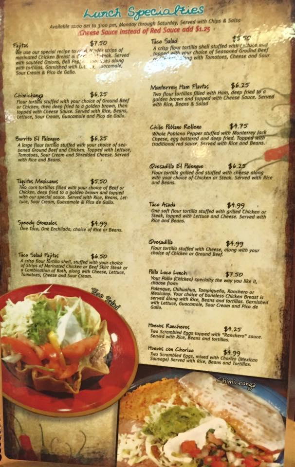 Menu at El Palenque restaurant, Cave City