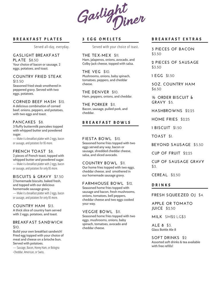 Menu at Gaslight Diner restaurant, Jeffersontown, Watterson Trail