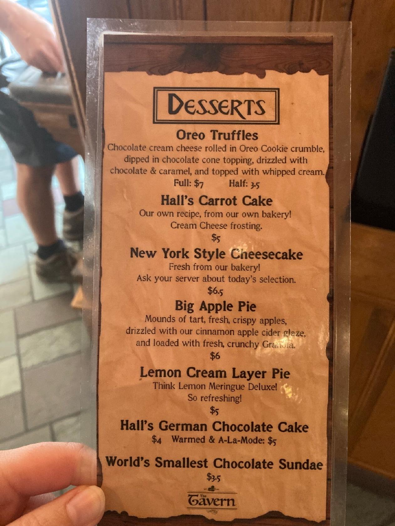 Menu at Hall's Tavern at Coventry desserts, Fort Wayne