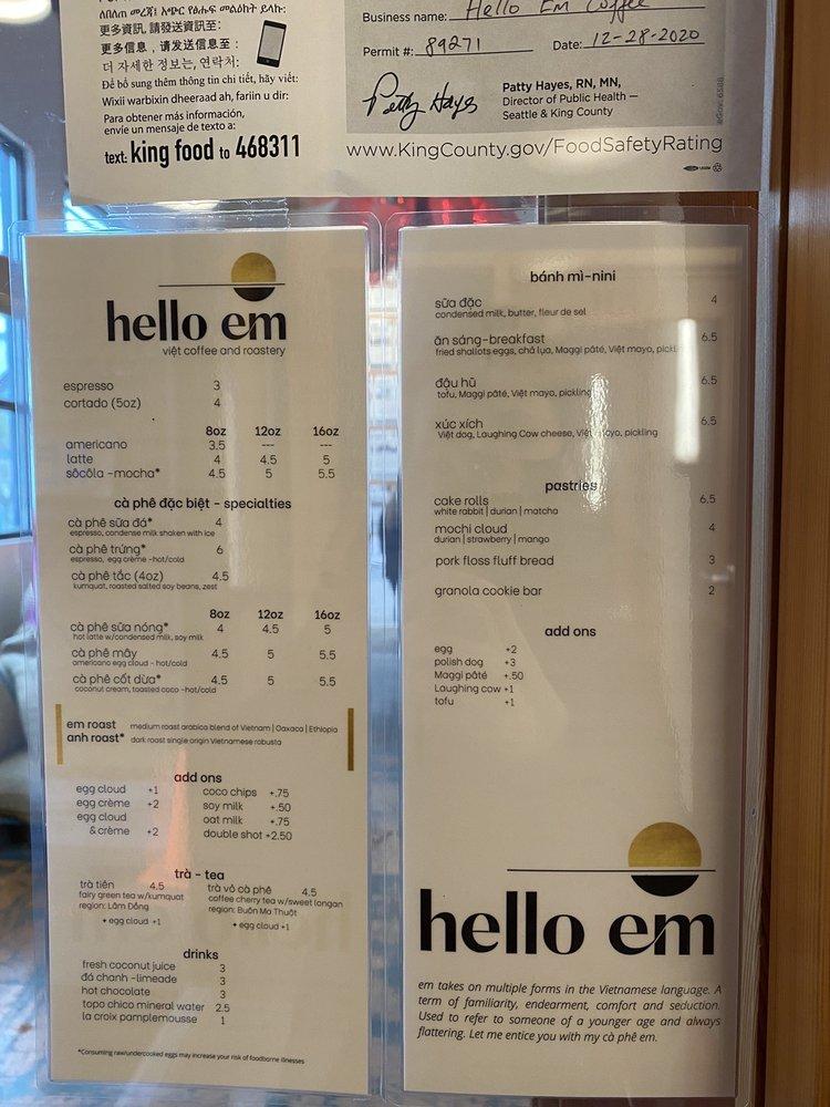 Carta del restaurante Hello Em Việt Coffee & Roastery, Seattle