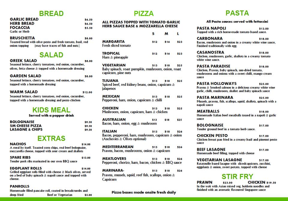 Menu at Holloways Pizza & Pasta fast food, Holloways Beach