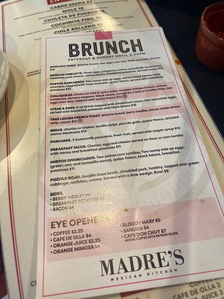 Menu at Madre's Mexican Kitchen restaurant, Tulsa