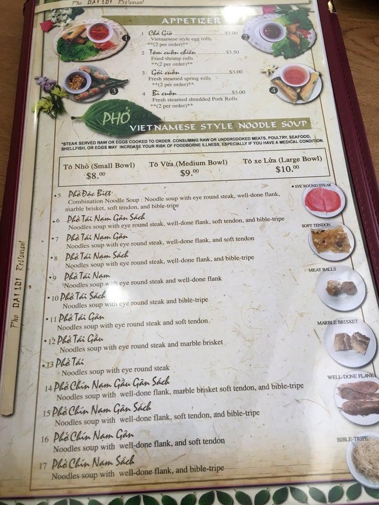 Menu at Pho Dai Loi #3 restaurant, Duluth