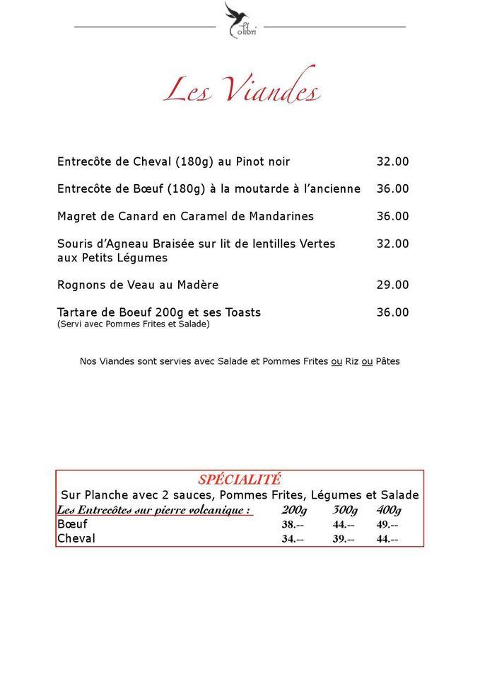 Menu da Restaurant Colibri, Port-Valais