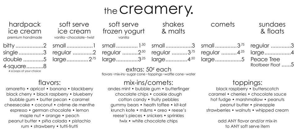 Menu at the creamery. desserts, Polk City