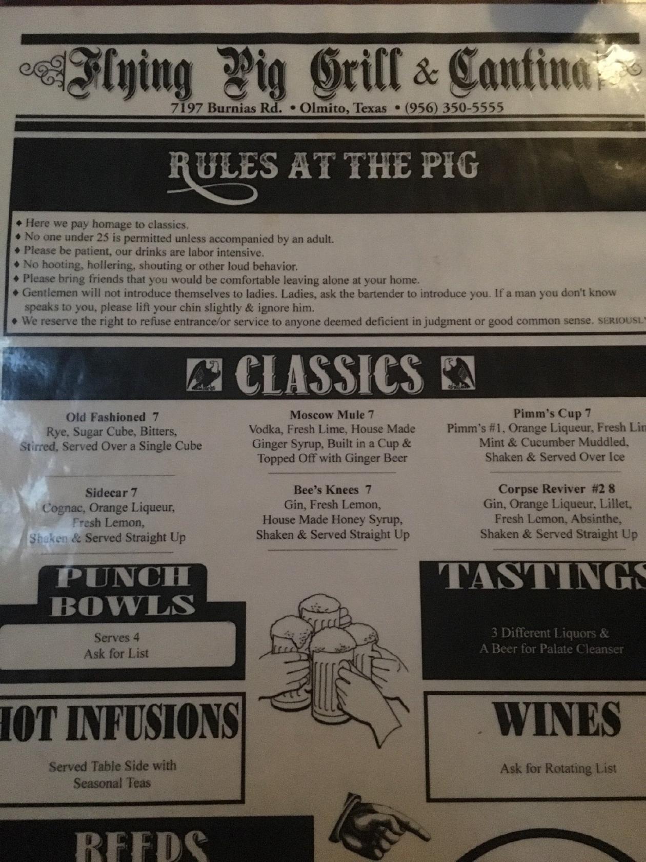 Menu at The Flying Pig Grill & Cantina pub & bar, Brownsville