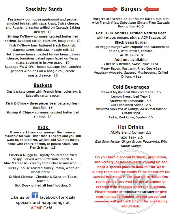 Menu at ACME Cafe, Salem