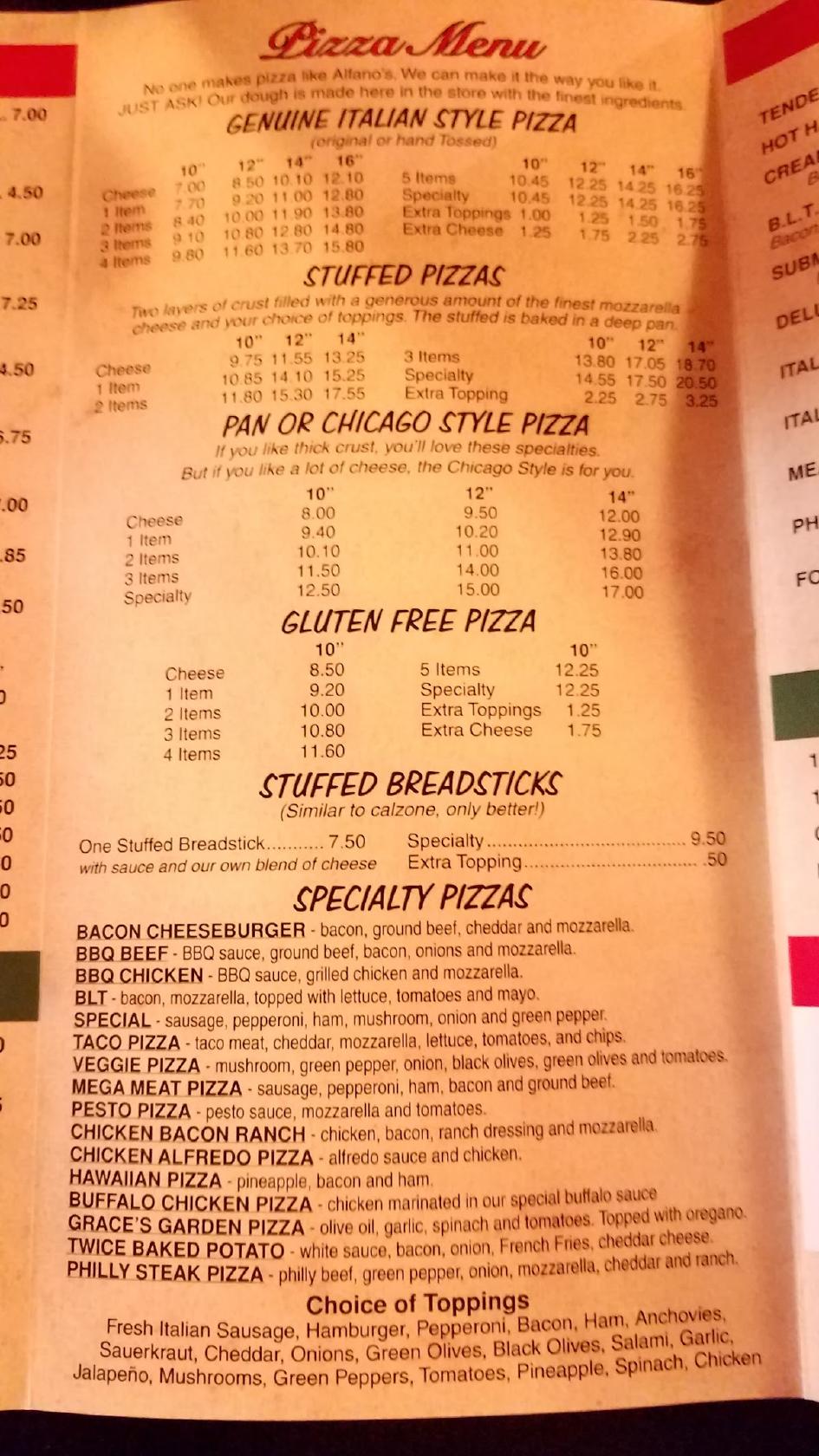 Menu at Alfano's Pizzeria, Monmouth