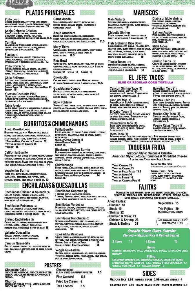 Menu at Anejo Cocina Mexicana Ponte Vedra restaurant, Ponte Vedra Beach