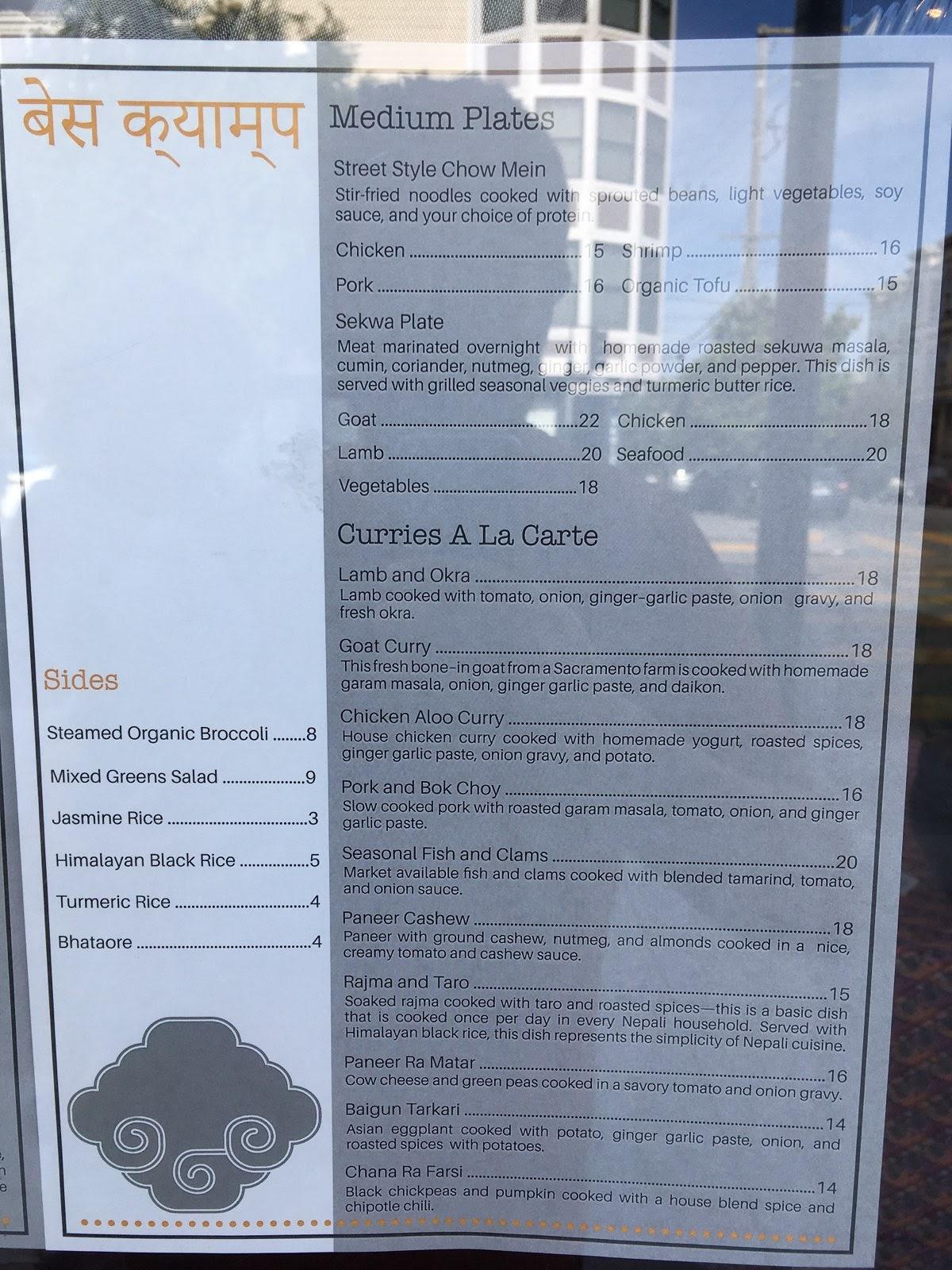 Menu at Base Camp restaurant, San Francisco