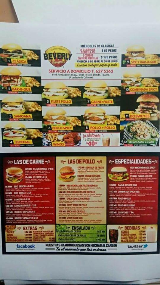 Menu at Beverly Burguers Fundadores restaurant, Tijuana