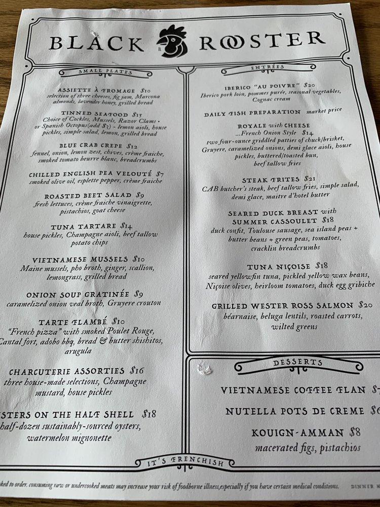 Menu at Black Rooster restaurant, West Columbia