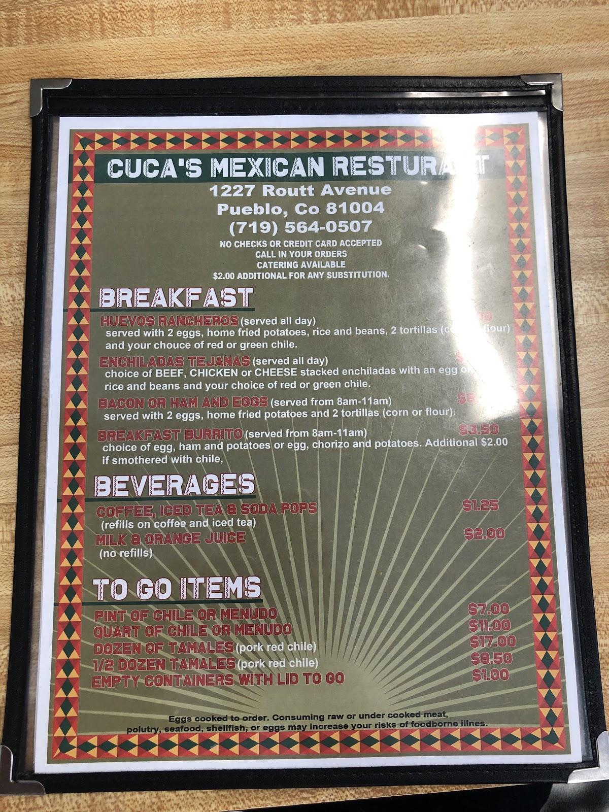 Menu at Cuca's Mexican restaurant, Pueblo, E Routt Ave