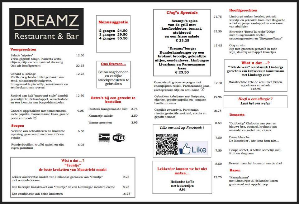 Menu at Dreamz, Maastricht