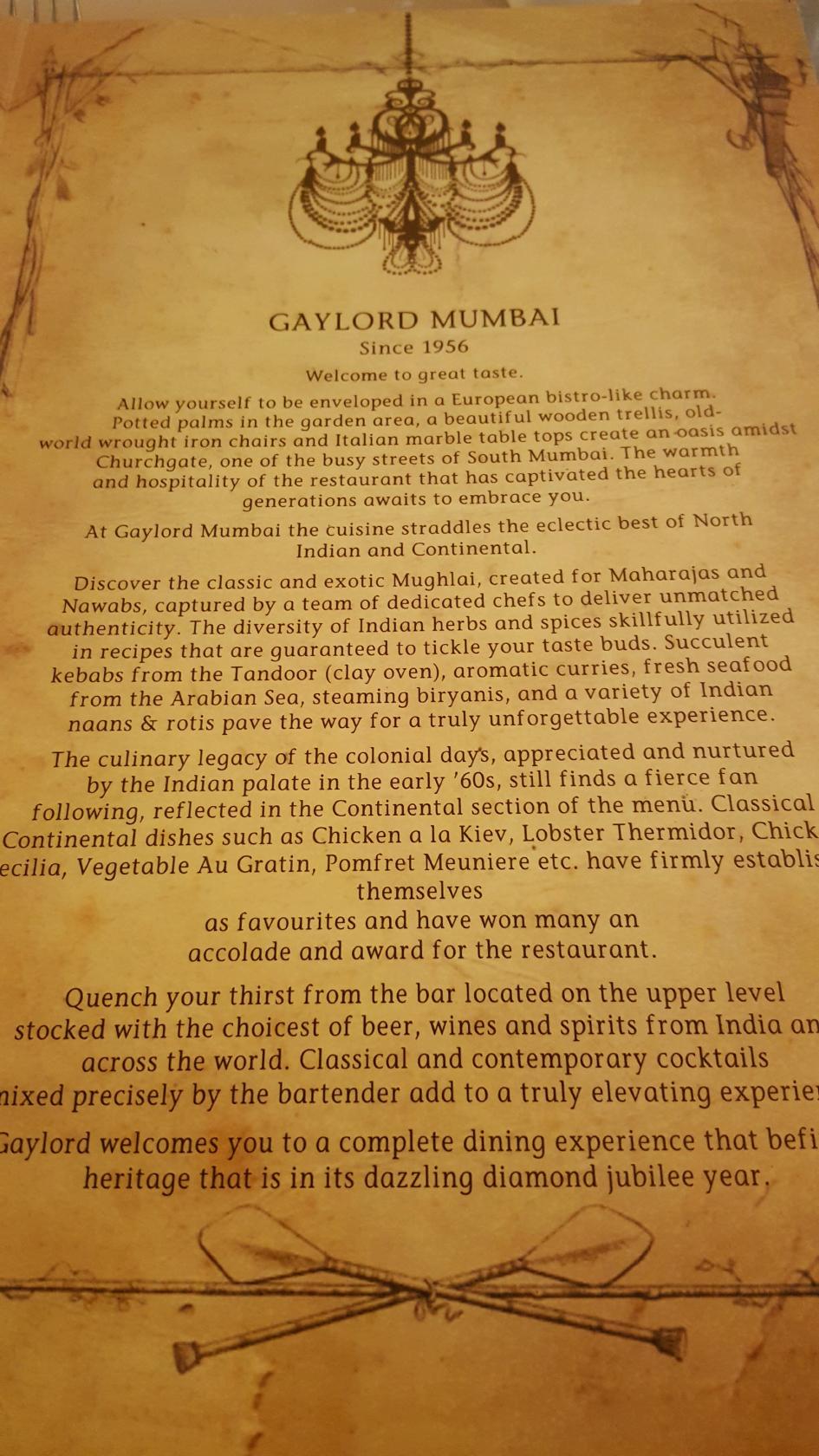 Menu at Gaylord Restaurant, Mumbai