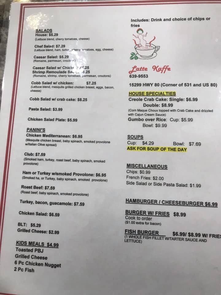 Menu at Latte Kaffe restaurant, Minden, US-80