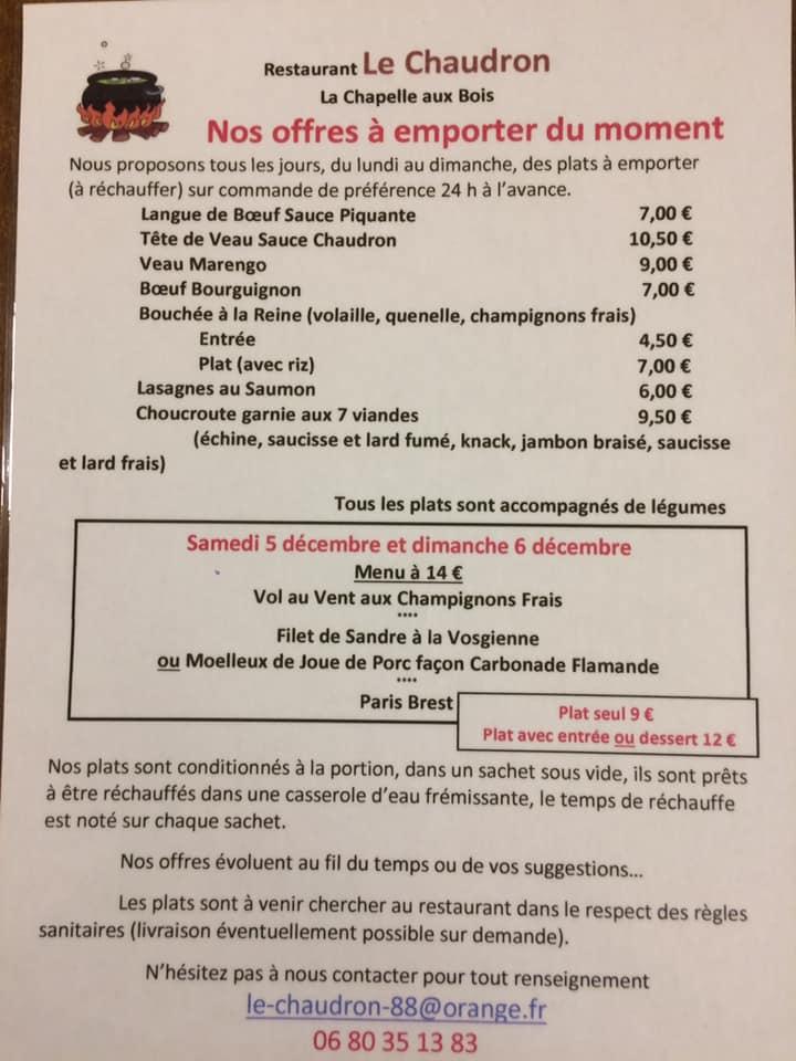 Menu au Le Chaudron restaurant, La Chapelle-aux-Bois