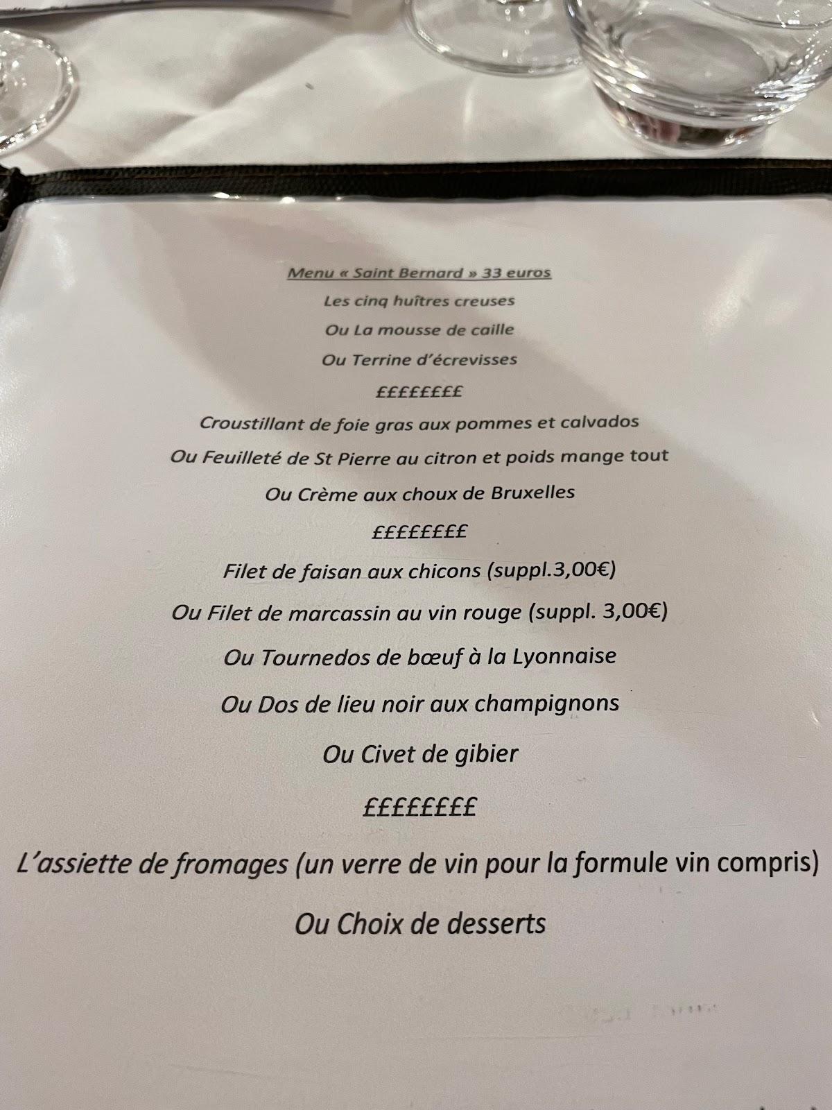 Menu au Le Saint Bernard, Villers-la-Ville