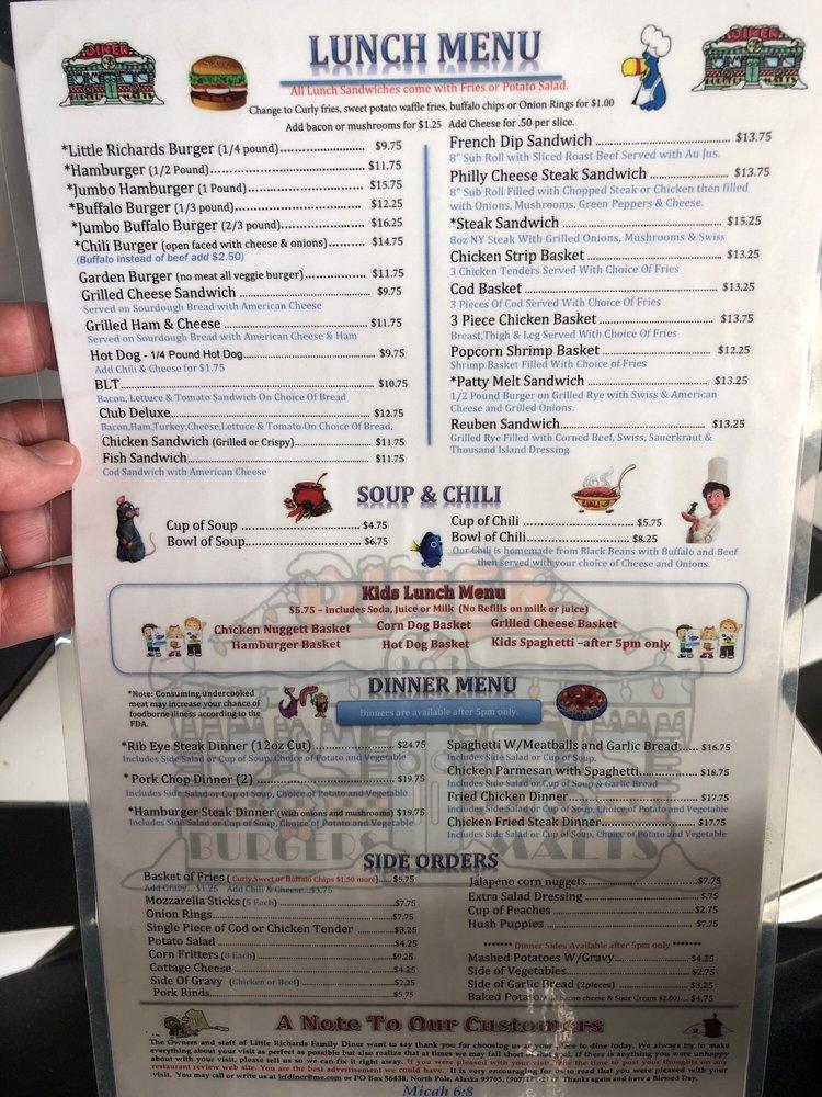 Menu at Little Richard's Family Diner restaurant, North Pole