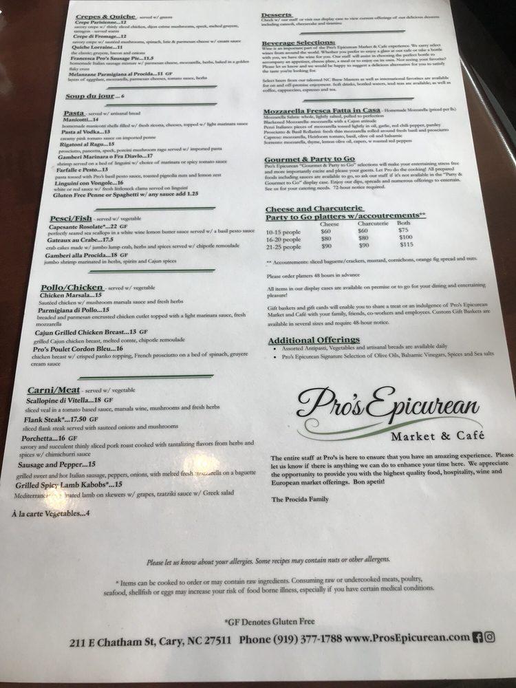 Menu at Pro's Epicurean Market & Café restaurant, Cary