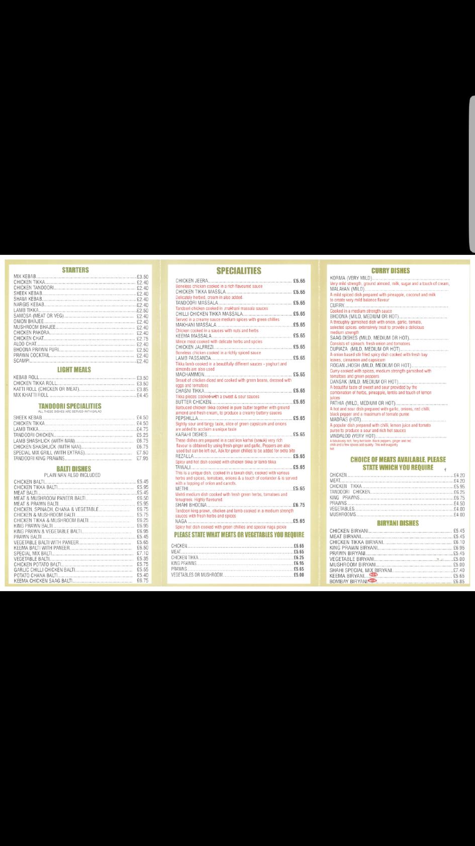Menu at The Shahi Balti restaurant, Nuneaton, 106 Queens Rd