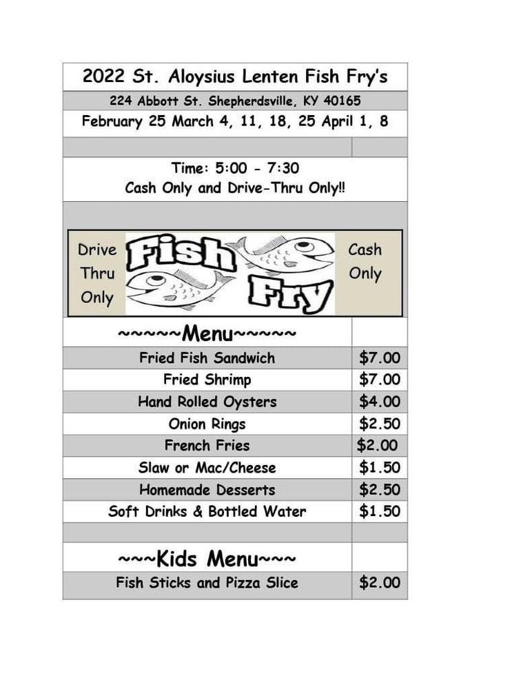 Menu at St. Aloysius Fish Fry, Shepherdsville