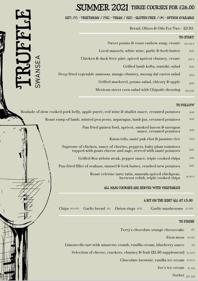 Menu at Truffle restaurant, Swansea