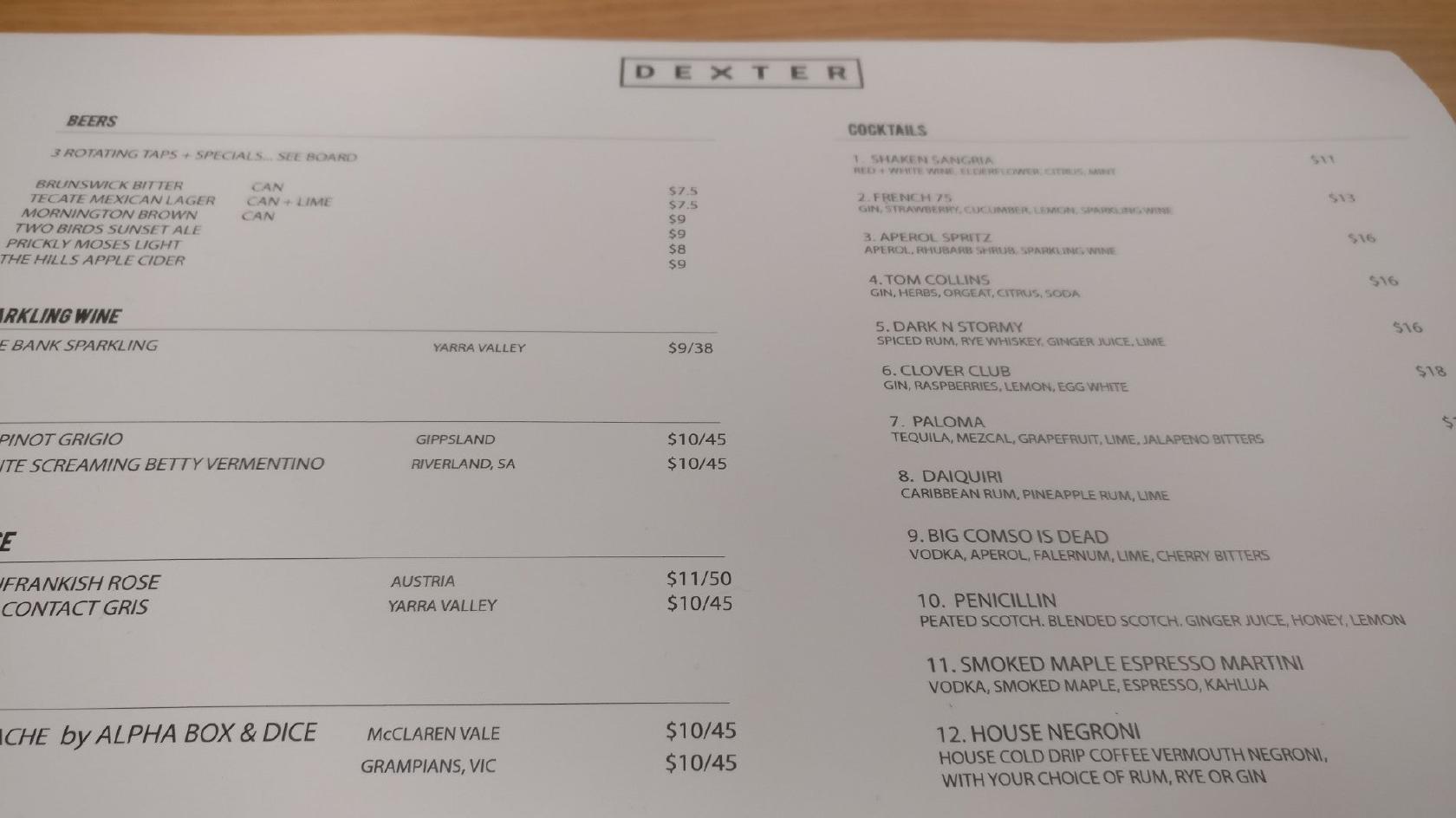 Menu at Dexter restaurant, Preston