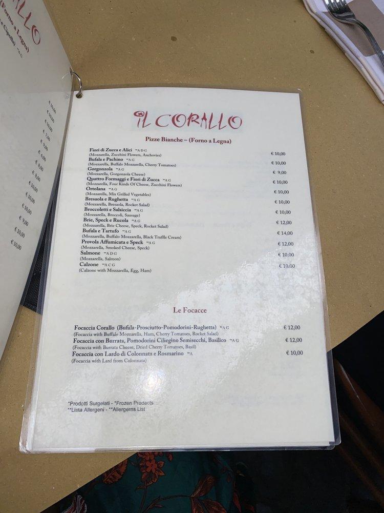 Menu at Il Corallo pizzeria, Rome, Via del Corallo