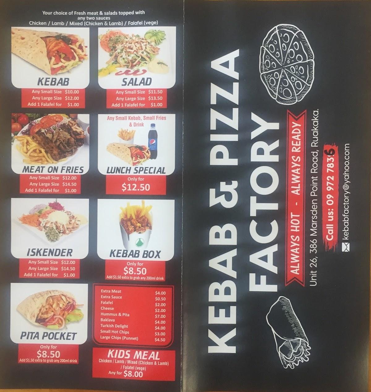 Menu at KEBAB & PIZZA FACTORY restaurant, Ruakaka