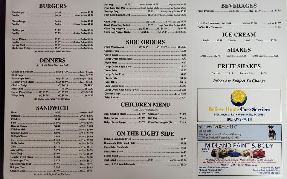 Menu at Midway Grill restaurant, Gloverville
