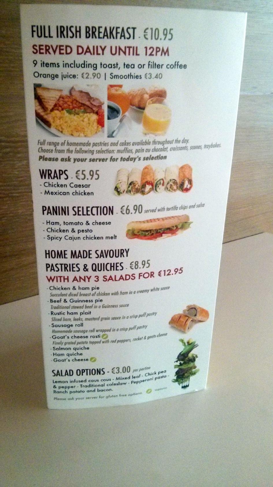 Menu at Oak Café Bar, Dublin, Terminal 2