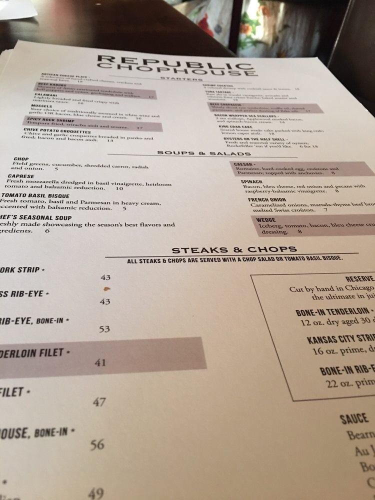 Menu at Republic Chophouse, Green Bay