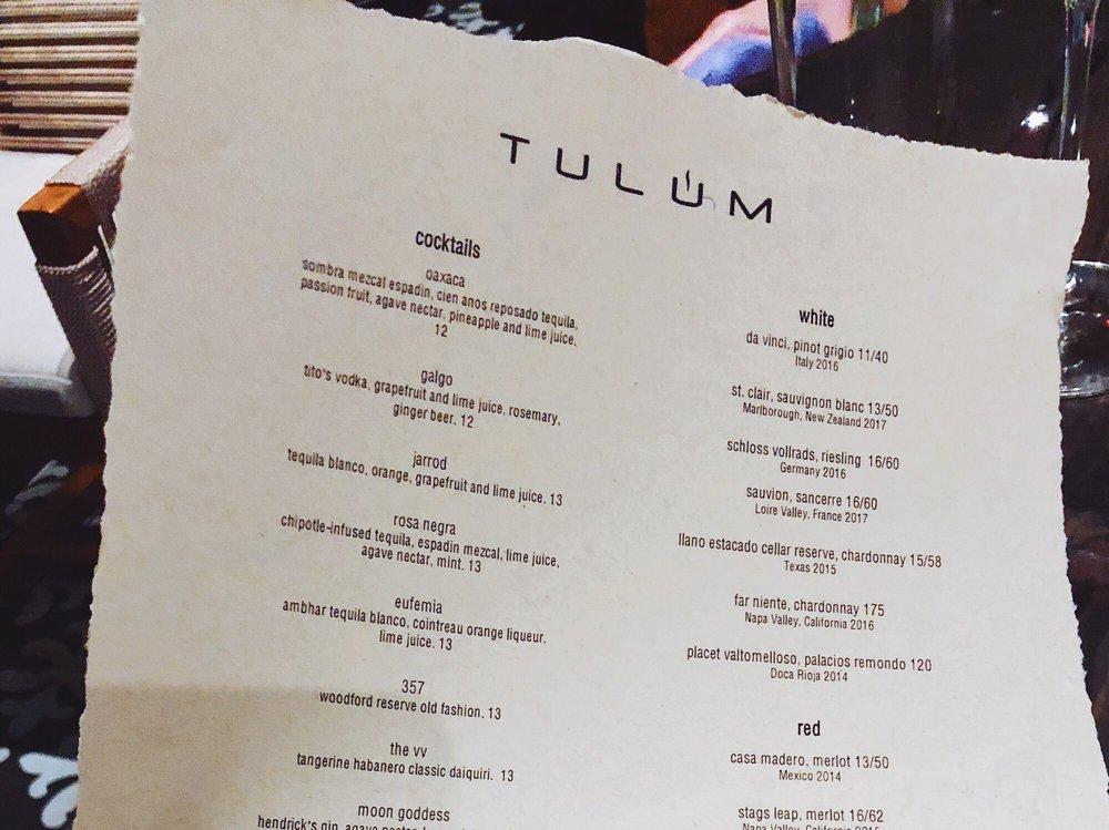 Menu at Tulum restaurant, Dallas