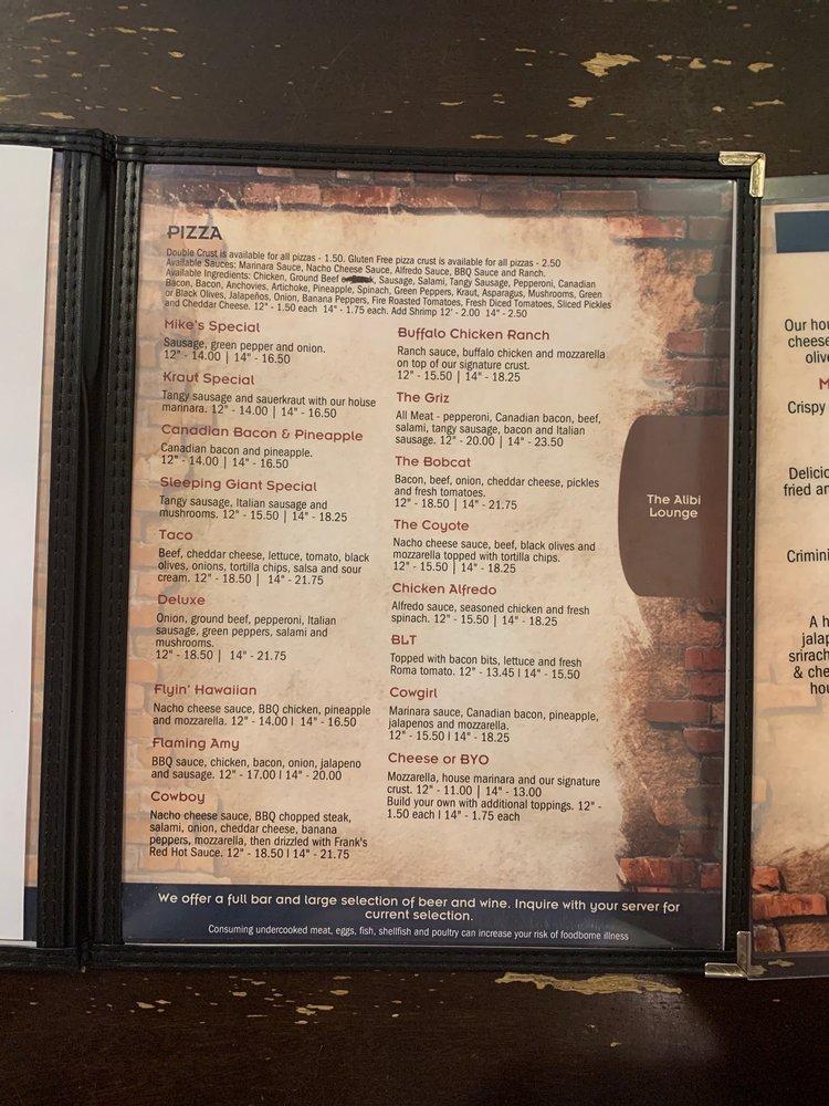 Menu at Alibi Lounge pub & bar, Shelby
