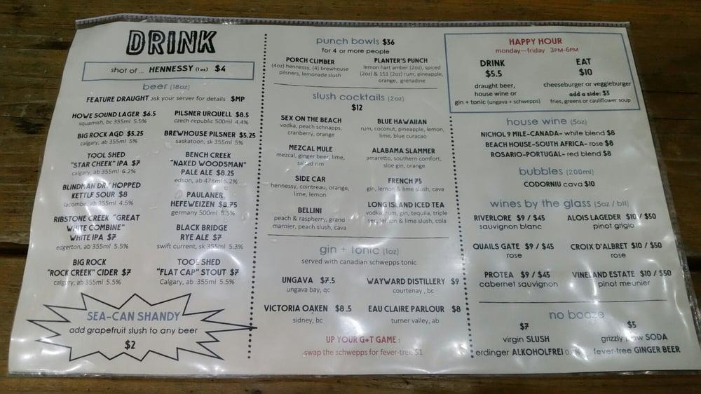 Menu at Container Bar, Calgary