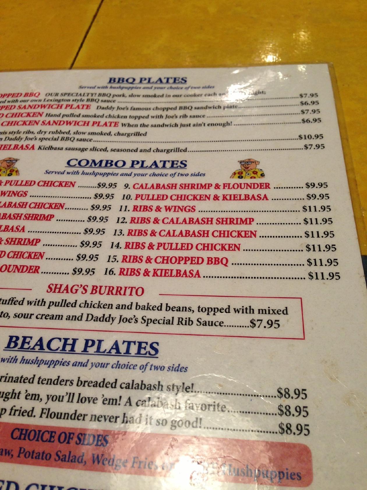 Carta de Daddy Joe's Beach House BBQ and Grill, Gaffney