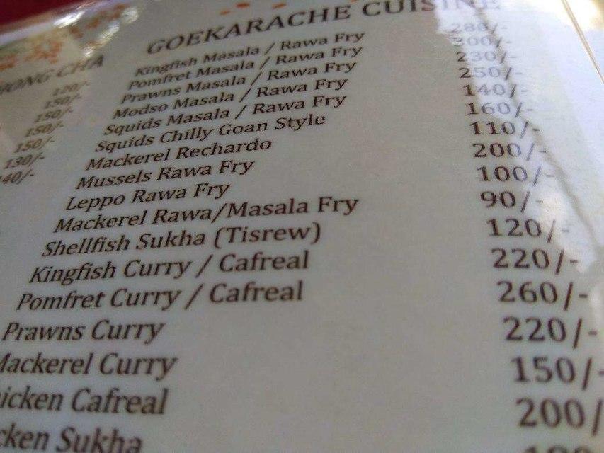 Menu at Goa Darbar, Maina