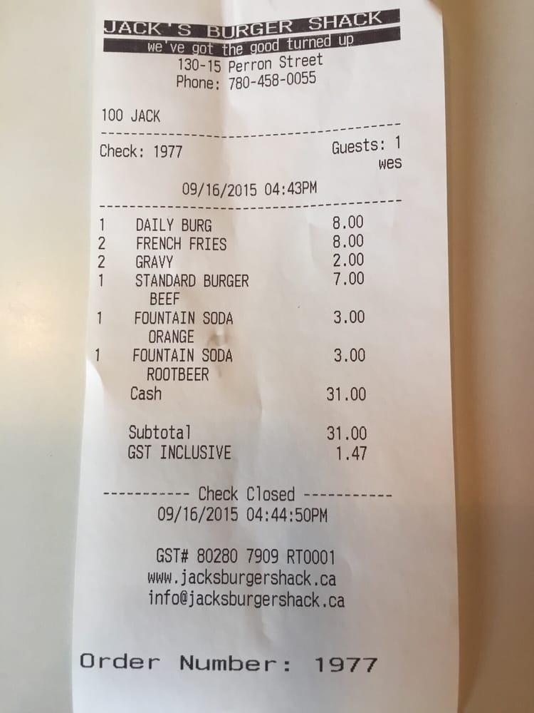 Menu at Jack's Burger Shack restaurant, St. Albert