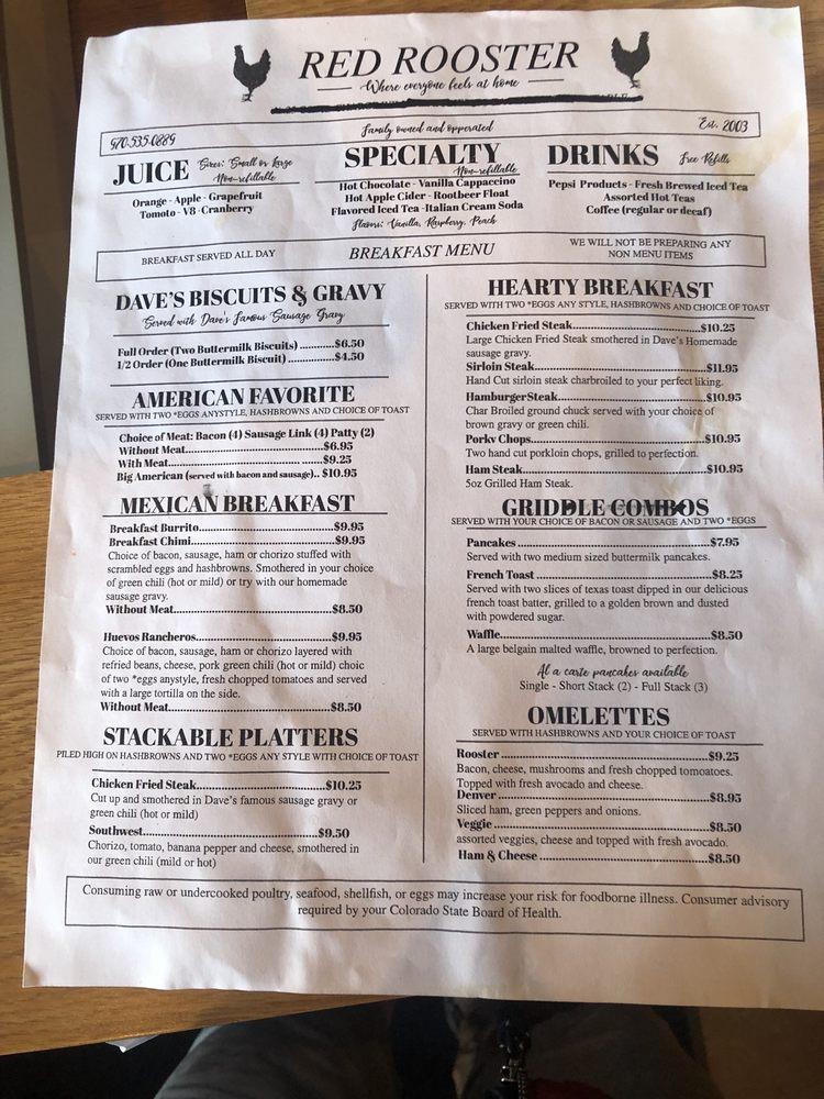 Menu at Red Rooster Restaurant, Longmont