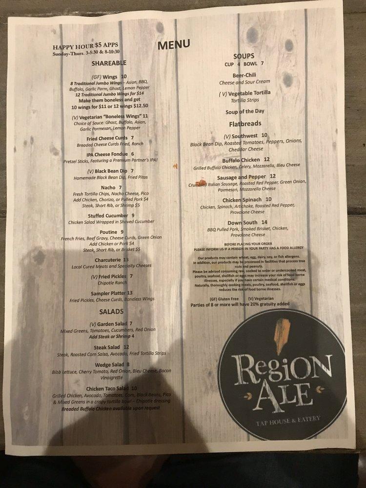 Menu at Region Ale Tap House & Eatery pub & bar, Schererville