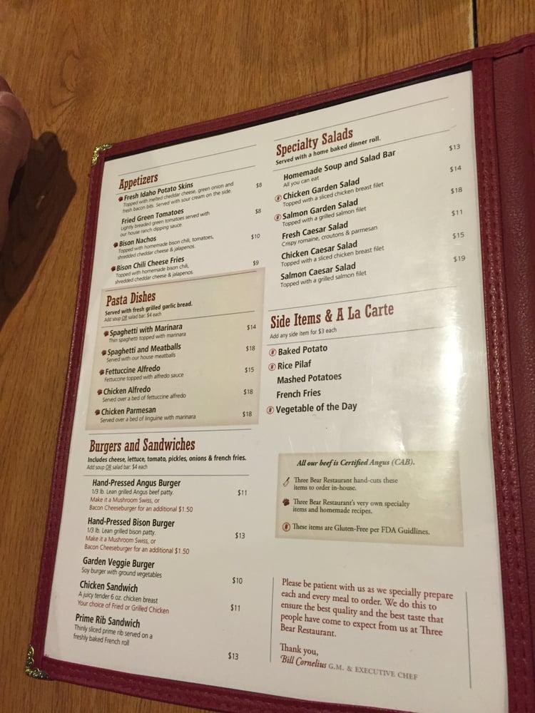 Menu at Three Bear Restaurant, West Yellowstone