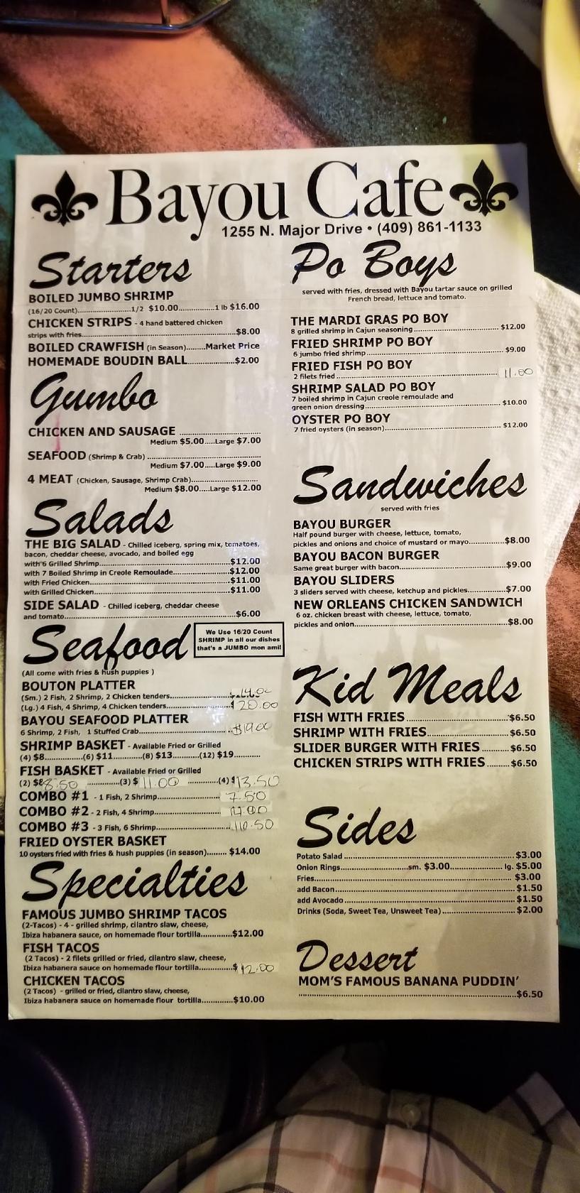 Menu at Bayou Cafe, Beaumont, N Major Dr