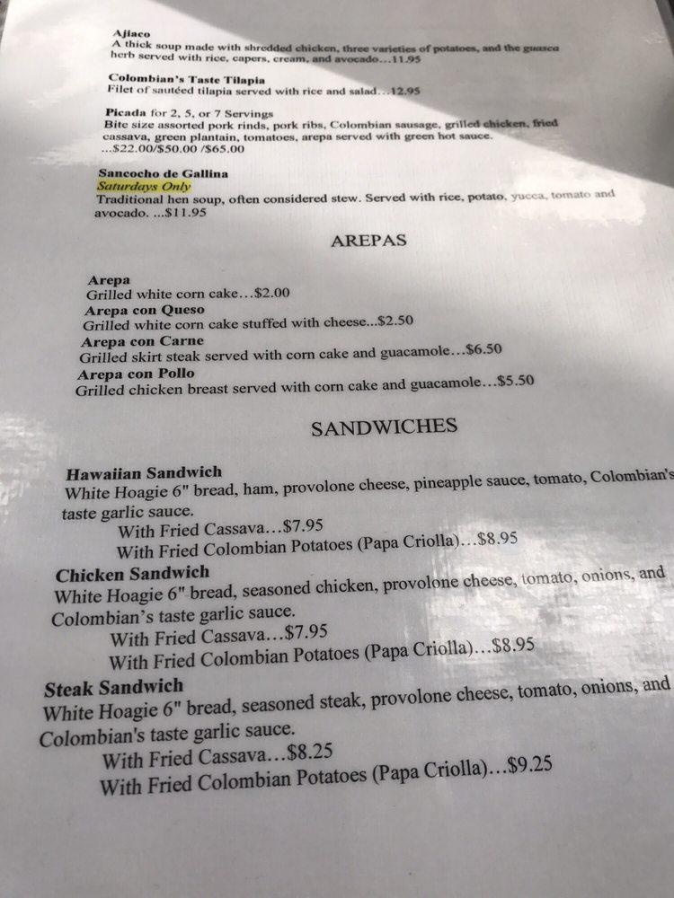Menu at Colombian's Taste restaurant, Itasca