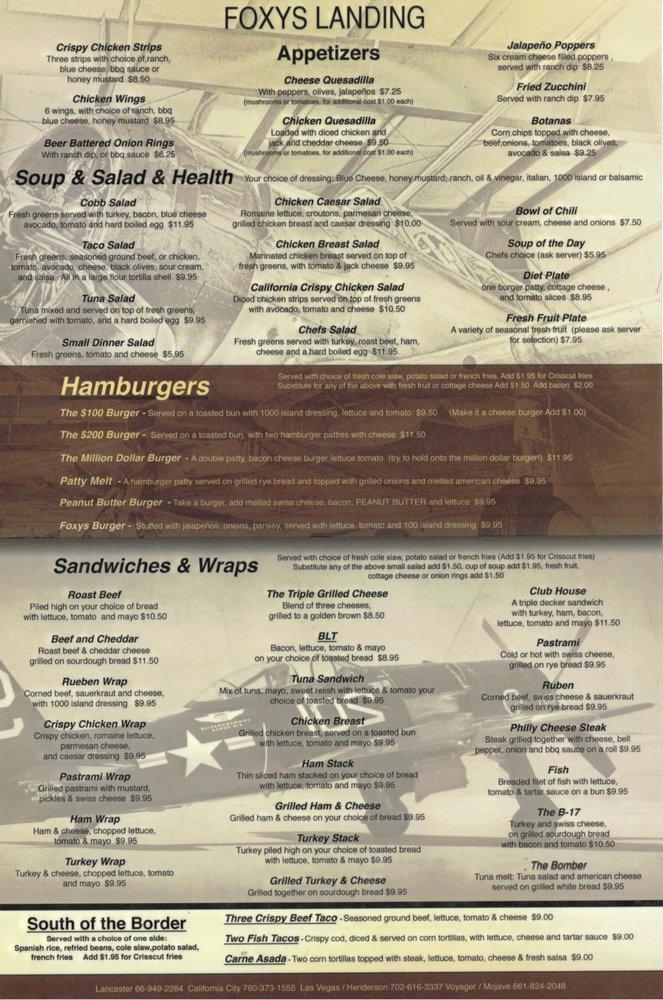 Menu at Foxy's Landing & Restaurant, Lancaster