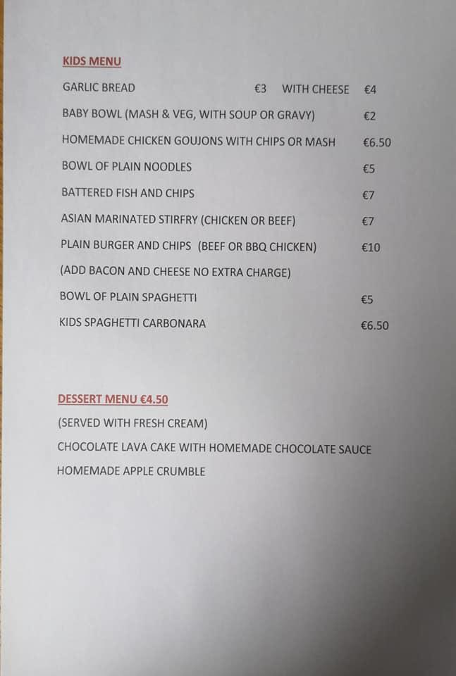 Menu at Hennessy's restaurant, Ferbane