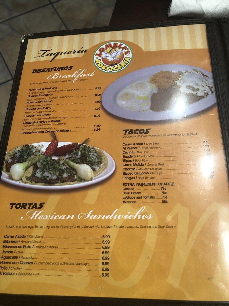 Menu at Lomeli's Rosticeria restaurant, Round Lake Beach, N Cedar Lake Rd